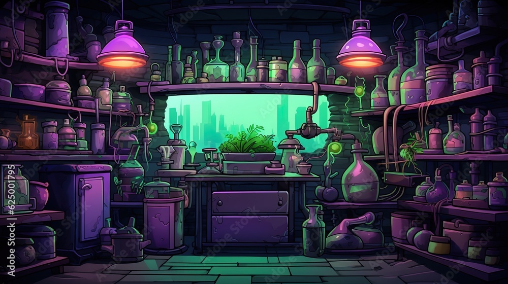 Witch or wizard alchemical laboratory with magic books and potions with ...