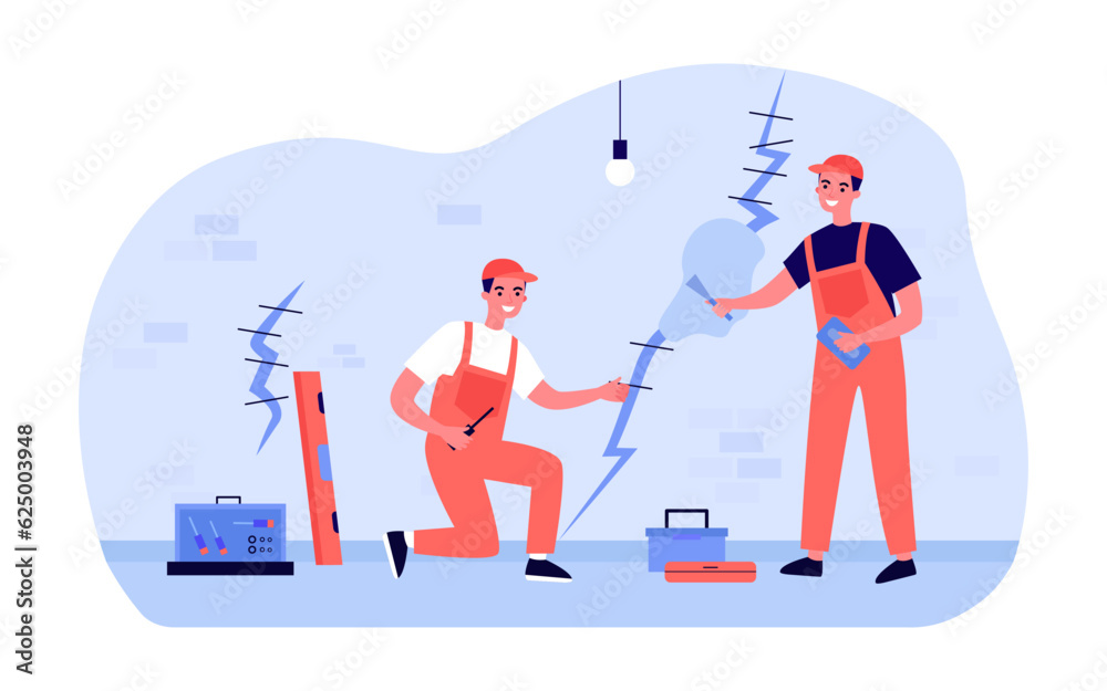 Maintenance workers repairing old house vector illustration. Cartoon ...