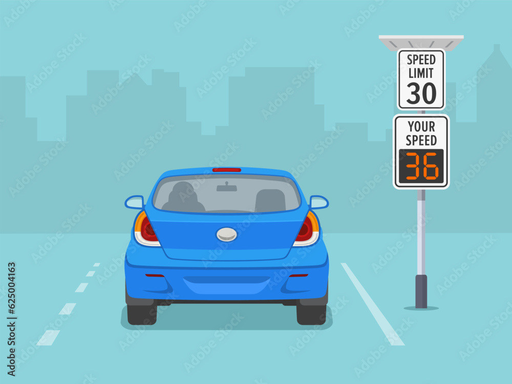 Isolated back view of a car on road with speed limit and radar sign ...
