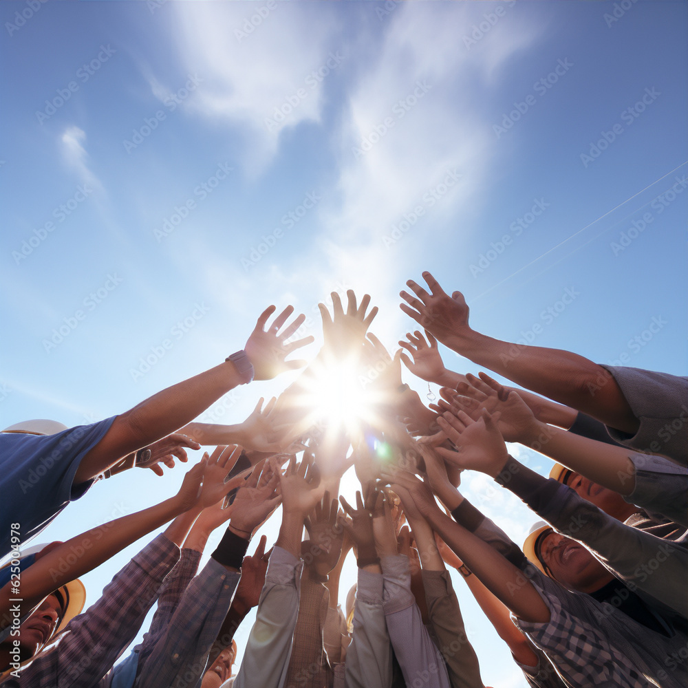 high five hands in the air with blue sky background, success ...