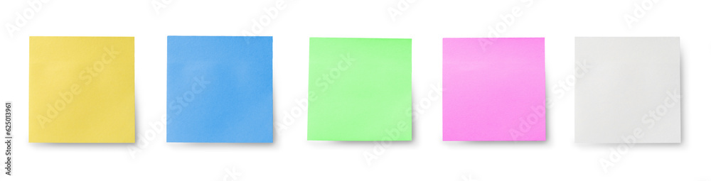 five blank sticky notes isolated on white background. Mockup sticky ...