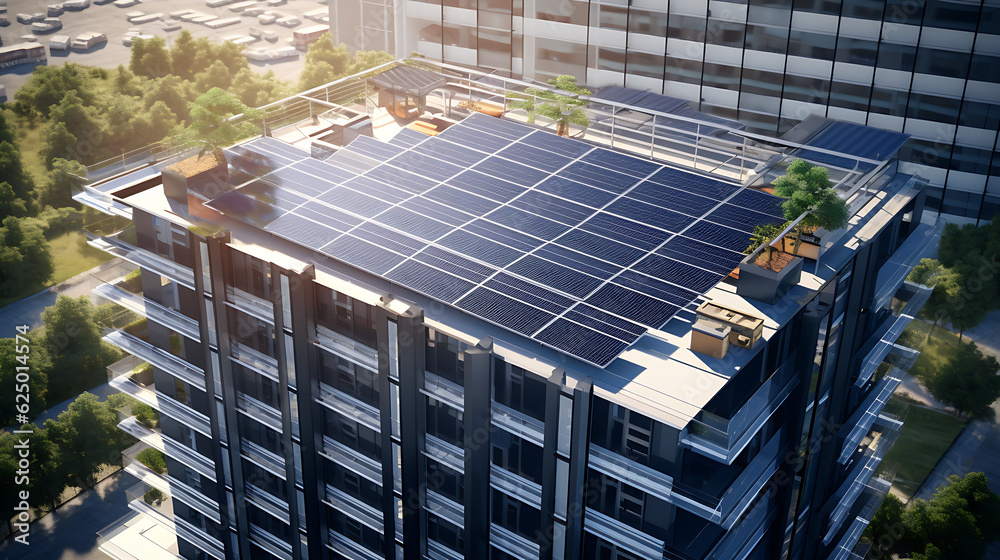 BIPV thin film solar panel on rooftop of an urban high rise building ...