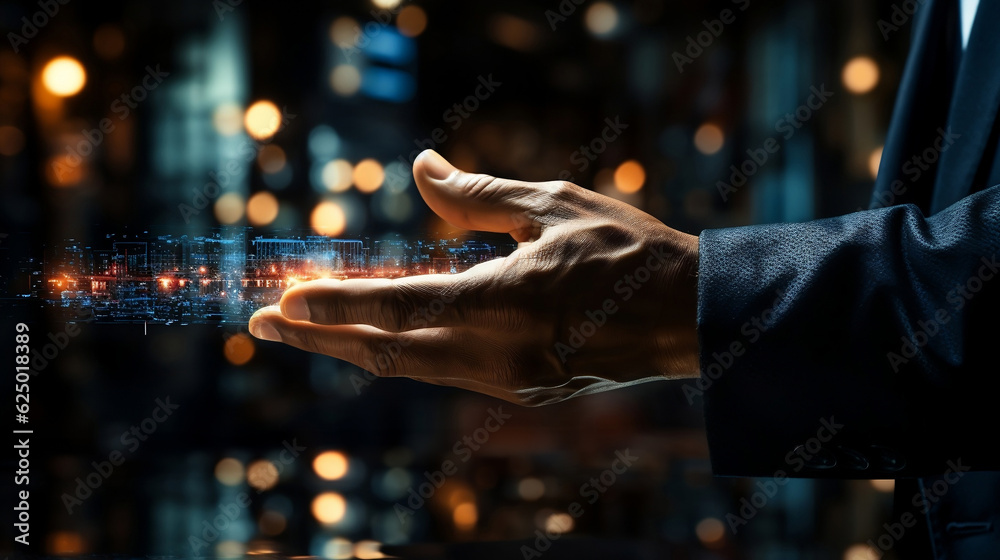Hand reaching and touching on screen of big data with futuristic ...