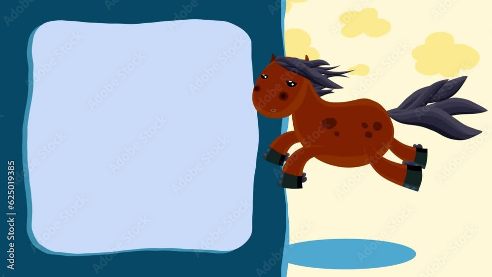 Cartoon character brown horse running flying loop animation for titles ...