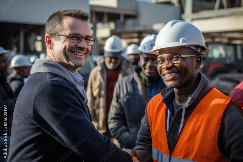 Smiling engineer holding hands at the construction site with happy ...