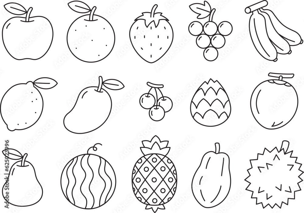 Cute doodle fruit cartoon isolated icons and objects. Fruits line icons ...