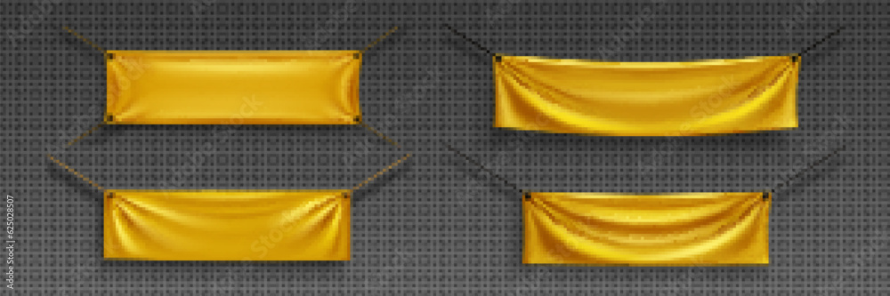 Realistic set of golden fabric banners hanging on ropes isolated on ...