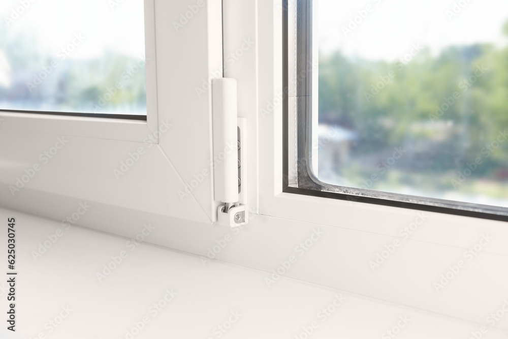 Bottom white hinge connector of PVC window frame. Window frame ...