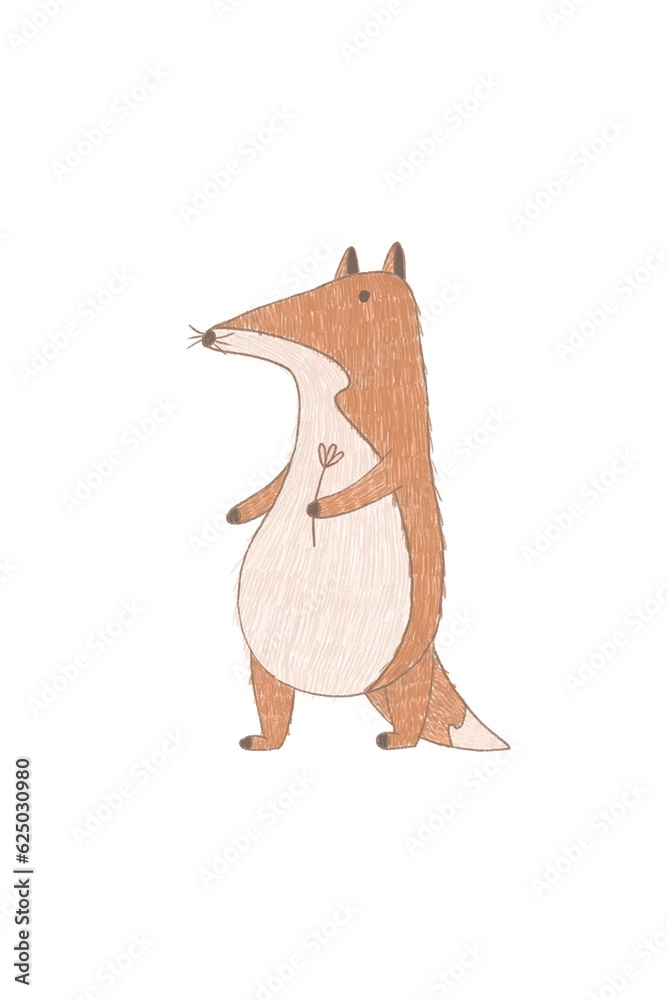 Fox. children's illustration. A tall fox cub with a long nose and a big ...