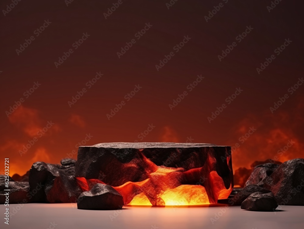Podium lava rocks smelt on volcano with magma and lava erupt. stage for ...