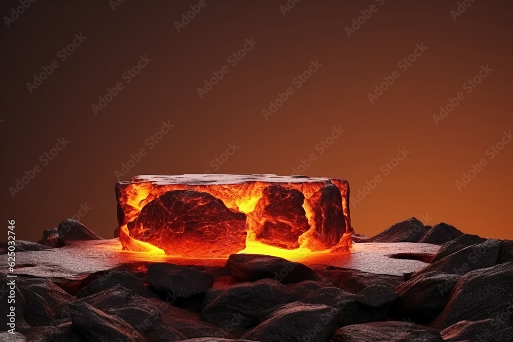 Podium lava rocks smelt on volcano with magma and lava erupt. stage for ...