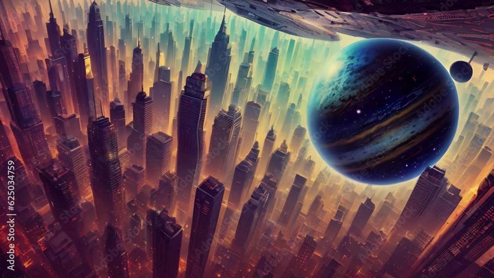Futuristic urban animation with deep space, galaxy, and futuristic city ...