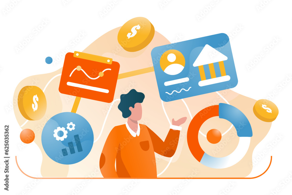 Male showing different virtual coins, bank account and charts. Bank ...