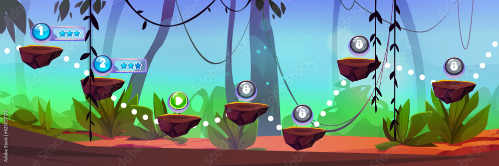 Magic jungle forest level map game landscape background. Bush, tree and ...