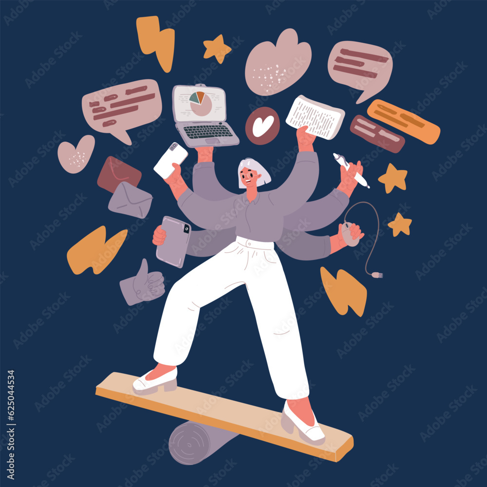Vetor de Cartoon vector illustration of Indian Multitasking woman ...