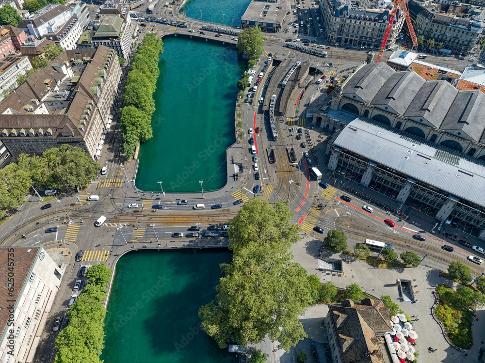 Poster Top view of Limmat River, Bridge, Platzspitz Park and Swiss ...