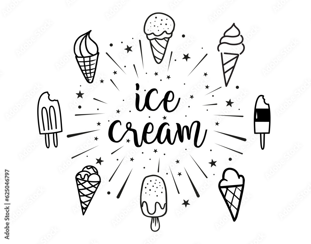 Ice cream icons. Typography, black letters isolated on white background ...
