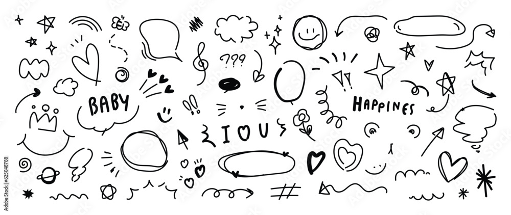 Set of cute pen line doodle element vector. Hand drawn doodle style ...