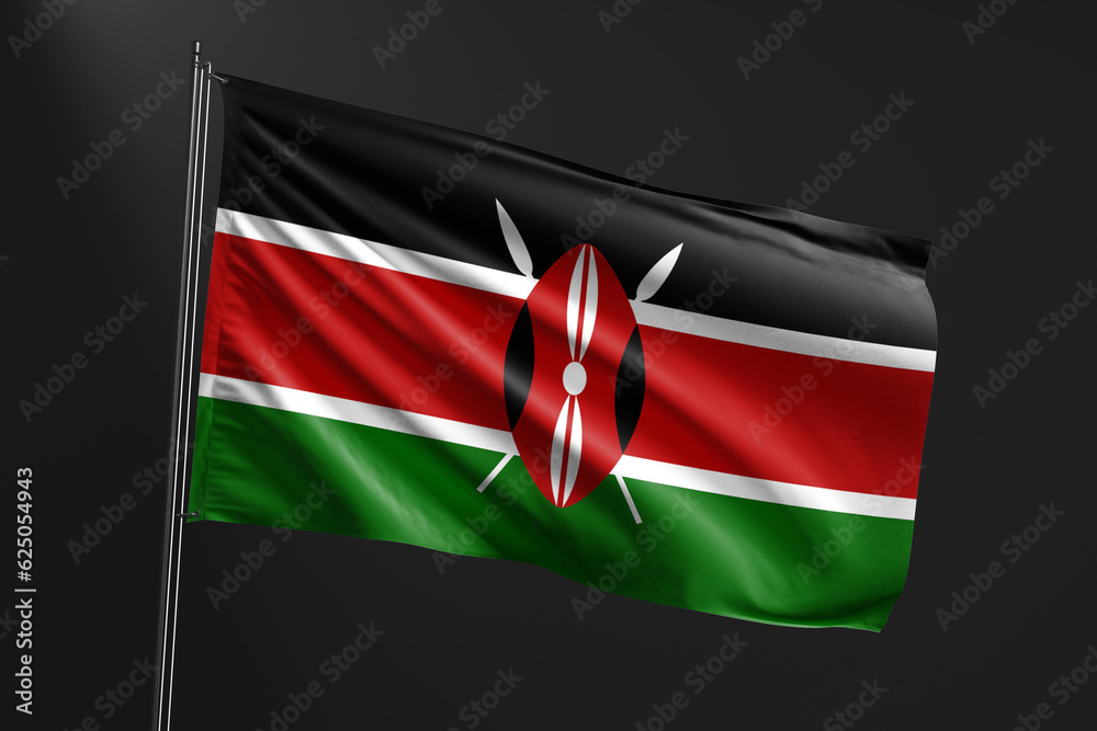 3d illustration flag of Kenya. Kenya flag waving isolated on black ...