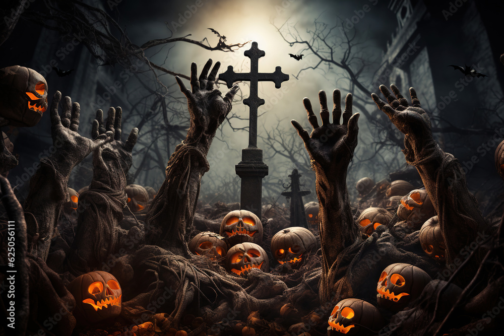 Zombies on graveyard. Cemetery background with scary monsters ...