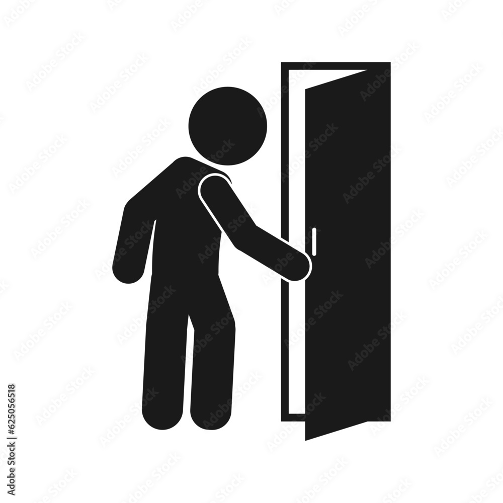 Poster Isolated illustration pic black pictogram man walk and open door ...