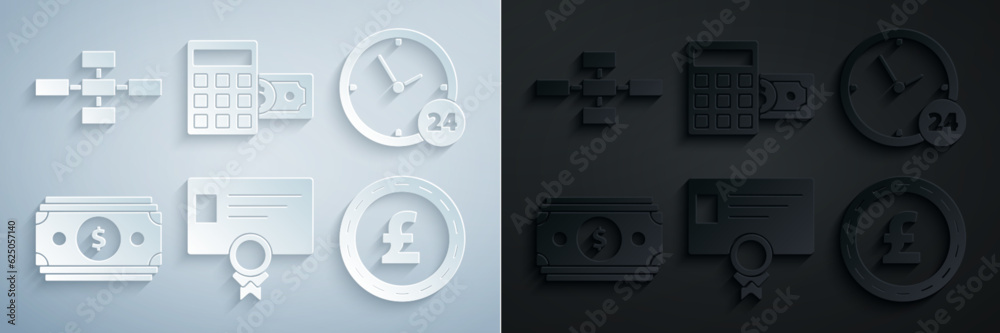 Set Certificate template, Clock 24 hours, Stacks paper money cash, Coin ...