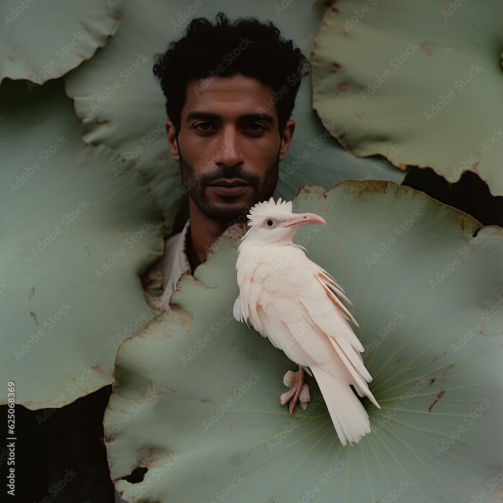 A peaceful pastel portrait of a man and his bird companion, sitting ...