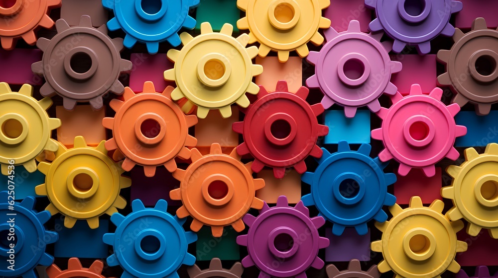 Concept of diverse teamwork. System of colorful sync gears, the ...
