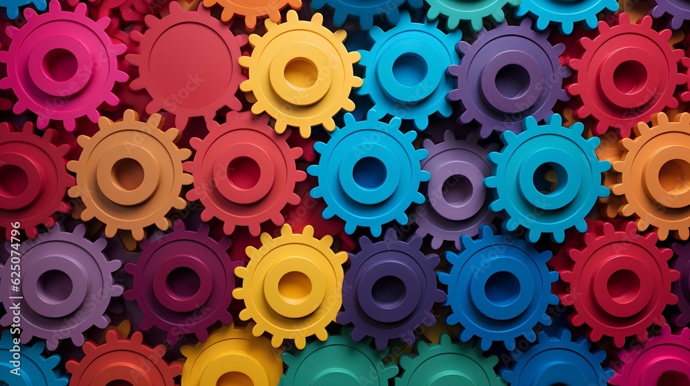 Concept of diverse teamwork. System of colorful sync gears, the ...