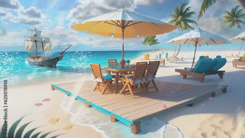 Tropical beach views in summer and pirate ships on the beach. Cartoon ...