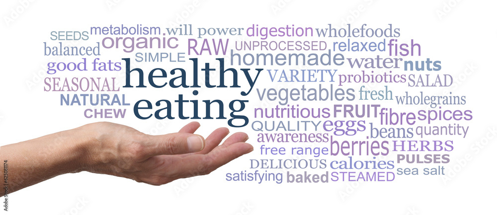 Healthy Eating Word tag Cloud on white background - female hand palm up ...