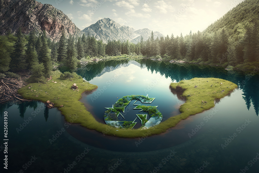 A lake in the shape of a recycling sign in the middle of untouched ...