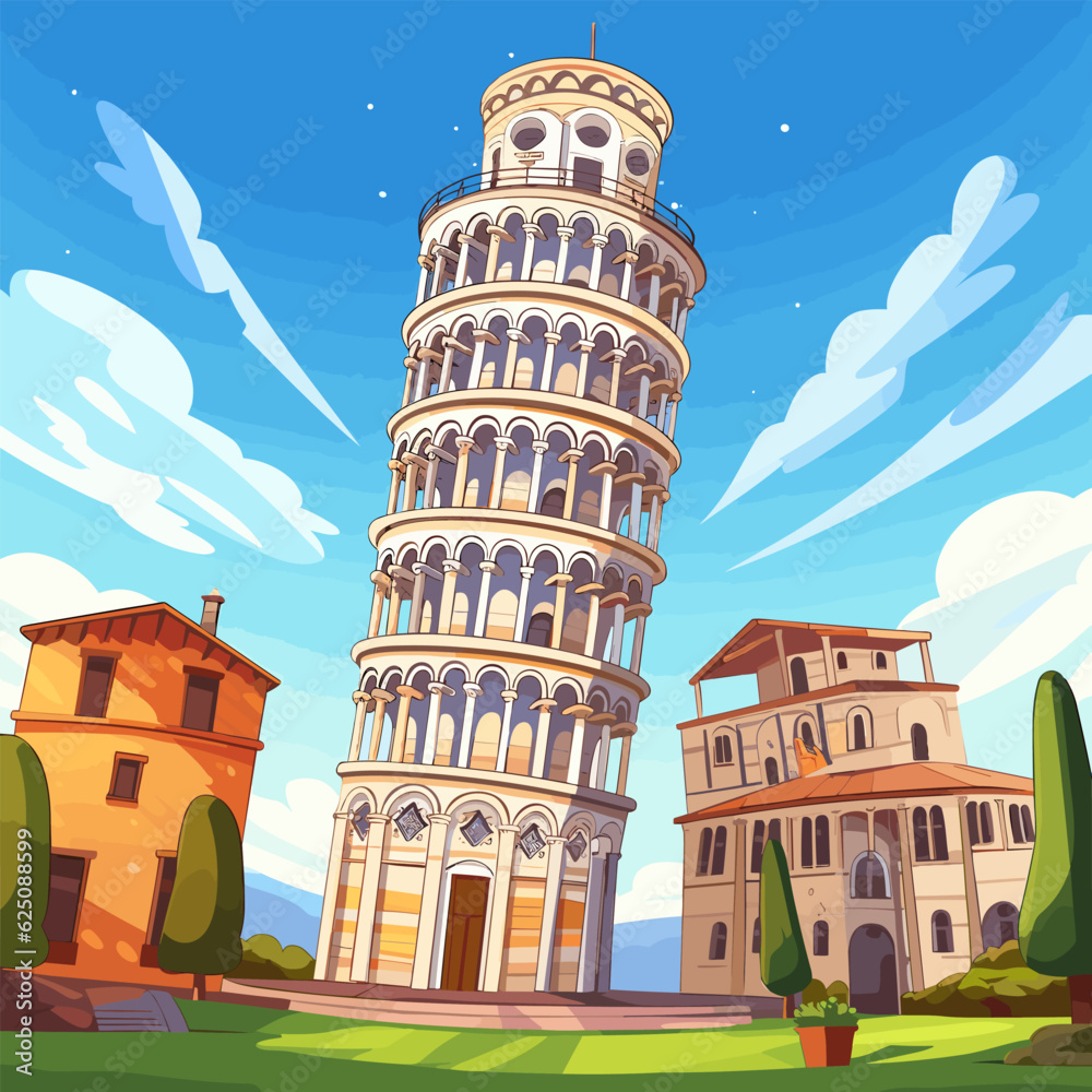 Leaning tower of Pisa hand-drawn comic illustration. Leaning tower of ...