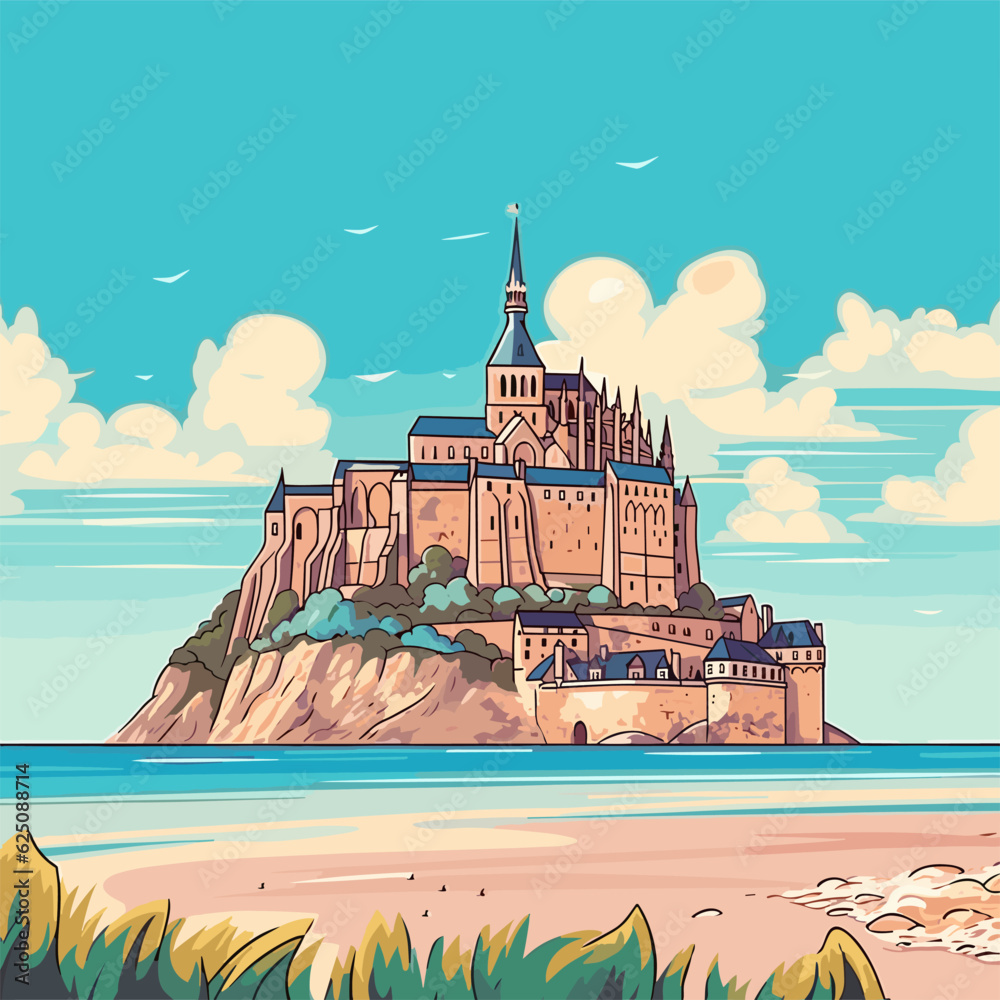 Mont Saint-Michel hand-drawn comic illustration. Mont Saint Michel ...