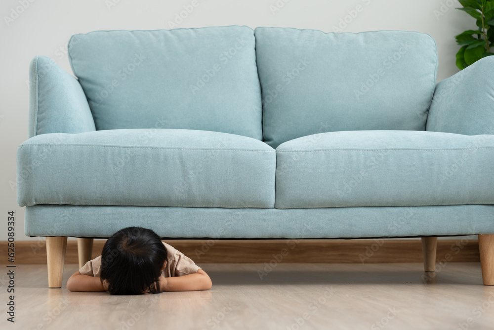 little asian children kid girl covering his eyes with hands, playing ...