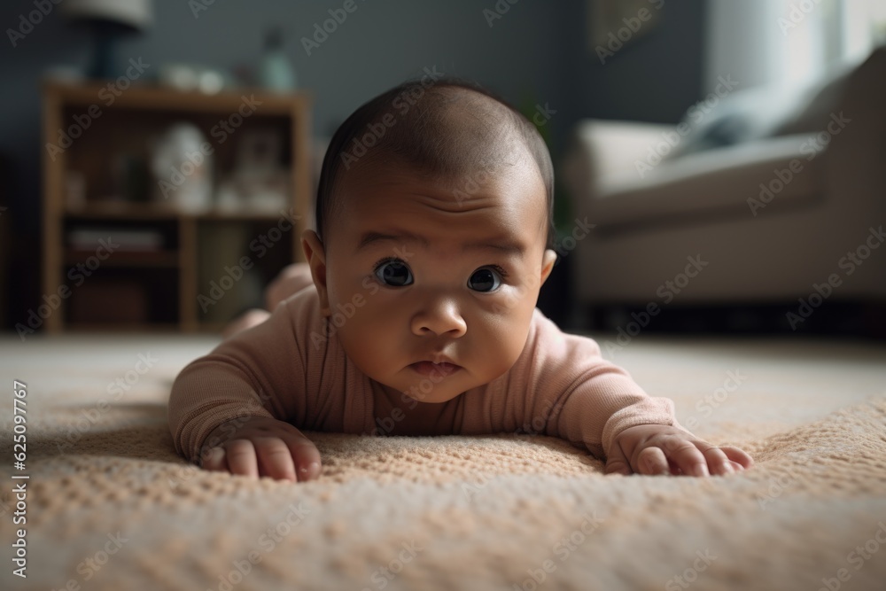A newborn enjoying tummy time and pushing up with arms, demonstrating ...