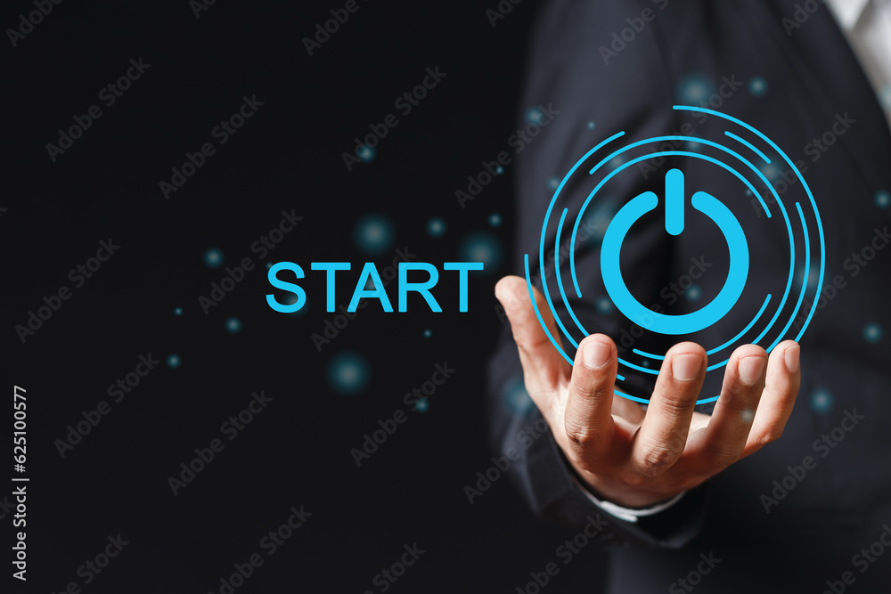 Hand holding press start button. beginning goal new target. click ...