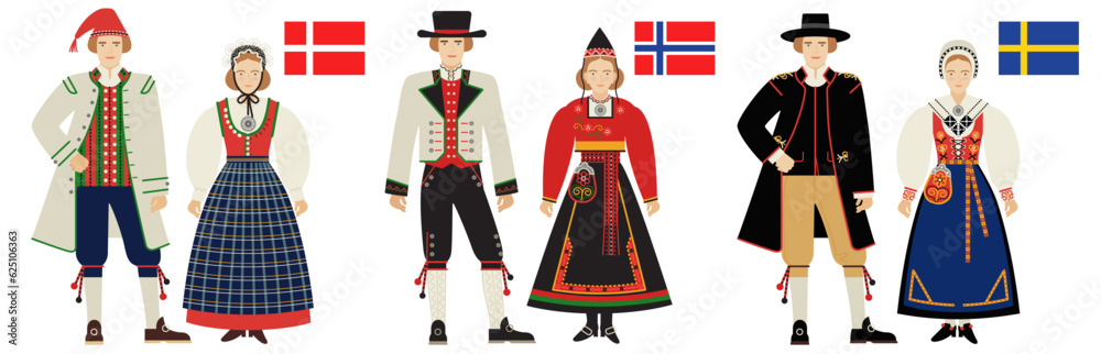 flags and folk costumes of the Scandinavian countries. couples of young ...