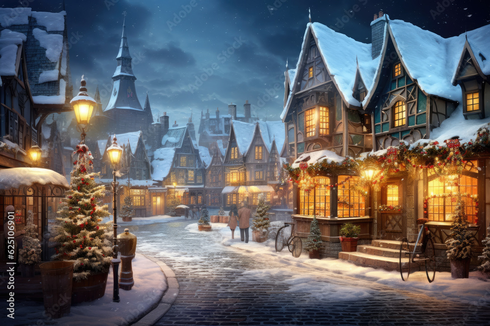 Poster Vintage style snowy Christmas village scene - AI Generated ...