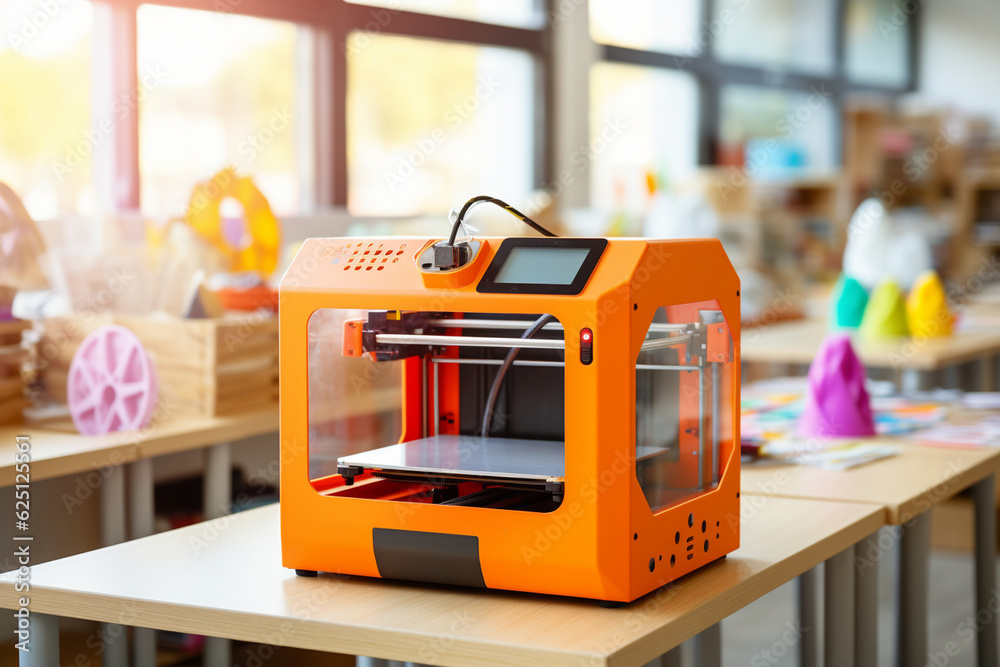 A photo of a 3D printer in a classroom, engaged in educational projects ...