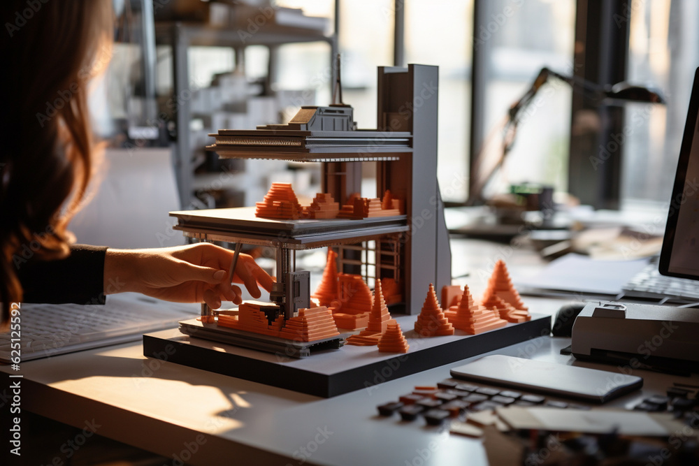 A photo of a 3D printer crafting a miniature architectural model ...