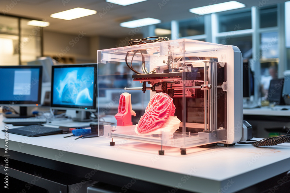 A picture of a 3D printer at work in a lab, producing medical models ...
