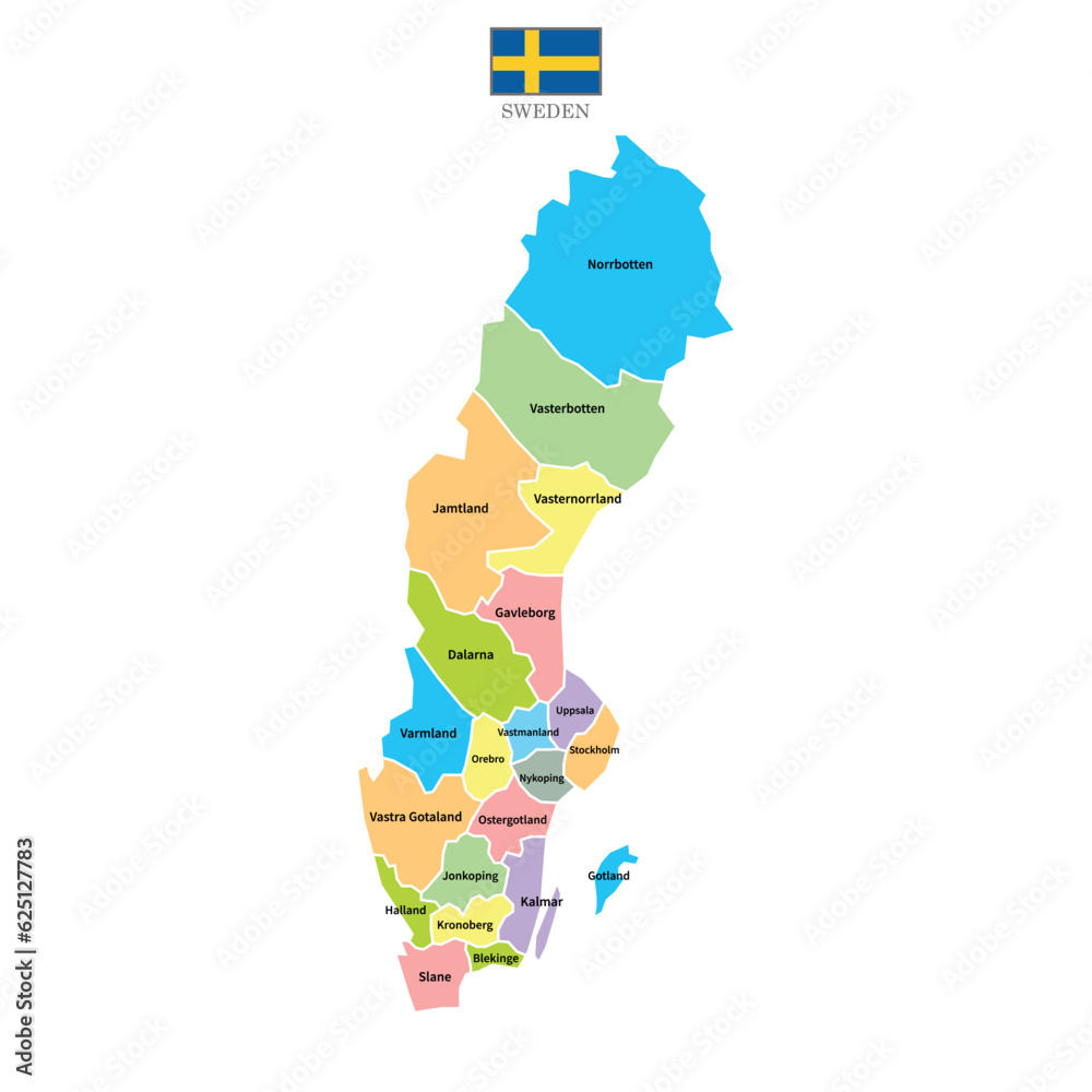 Sweden maps background with regions, region names and cities in color ...