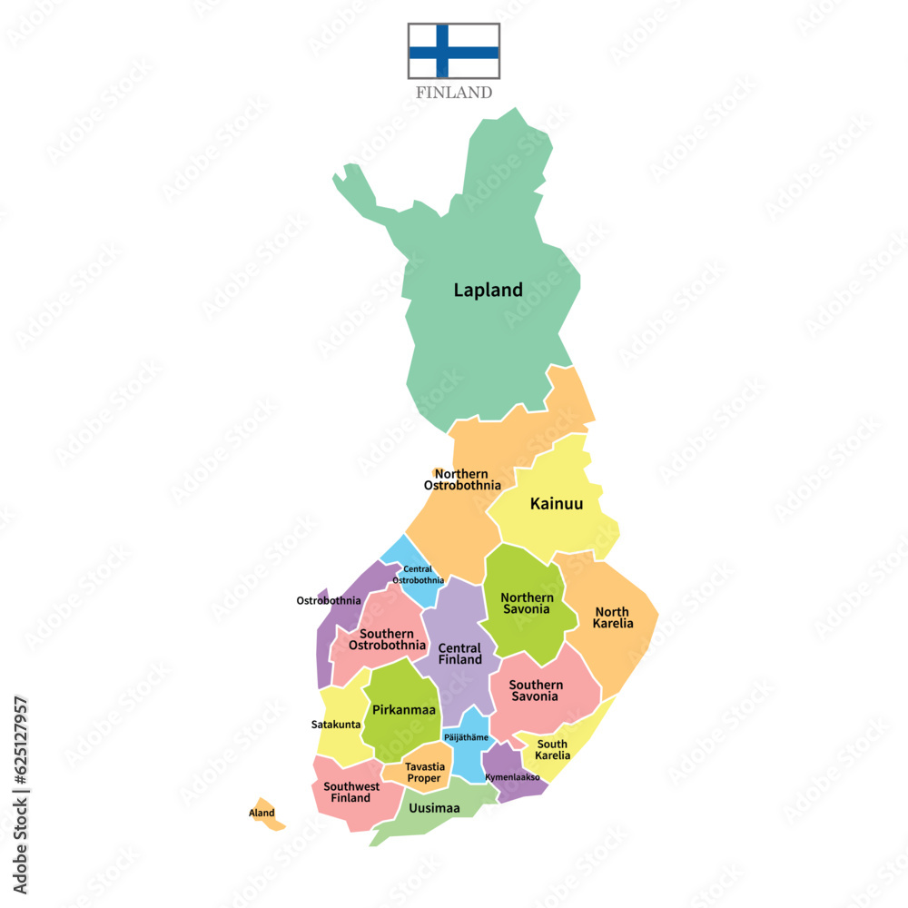 Finland maps background with regions, region names and cities in color ...