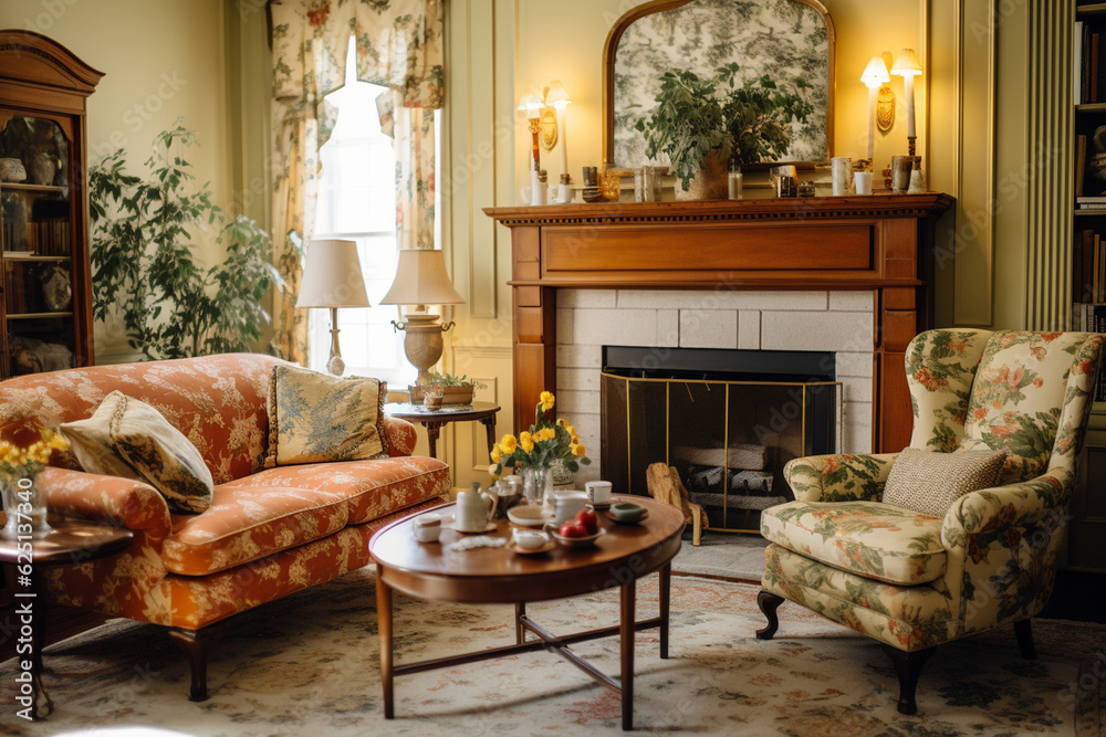 A cozy vintage living room design with an antique fireplace, classic ...