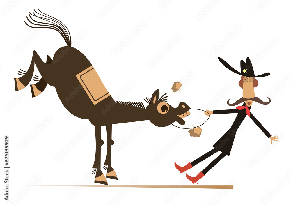 Cartoon rider and a balky horse illustration. Rodeo. Man or cowboy is ...