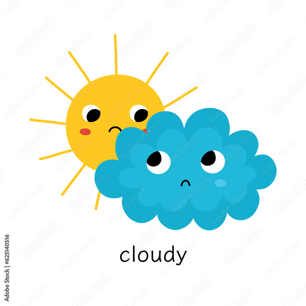 Weather flashcard for kids with cute sun and cloud. Cloudy clipart in ...