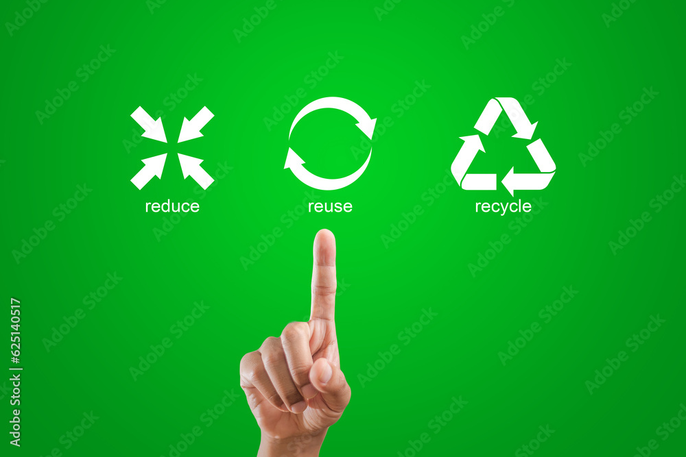 Reduce reuse recycle concept. Hand point finger recycle icon. Reduce ...