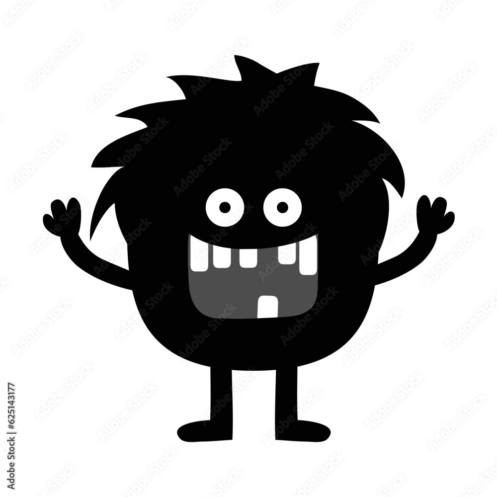 Cute monster. Happy Halloween. Funny head face. Black silhouette ...