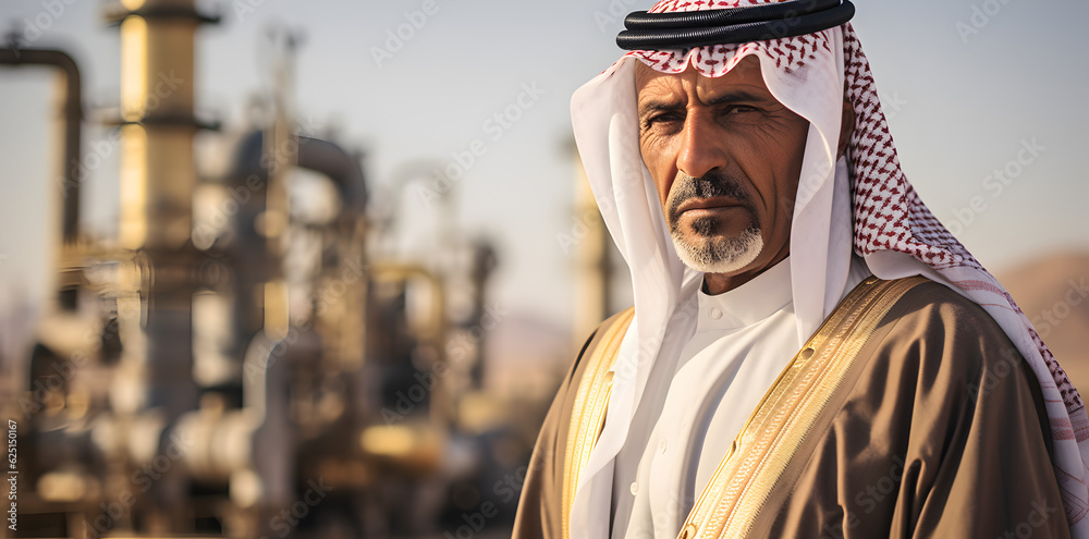 Successful Muslim Arab businessman with an oil pump, oil refinery plant ...